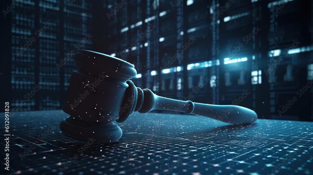 Judge gavel on background of data center. Digital law concept of ...