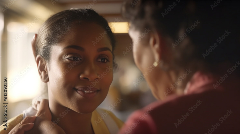 mother and daughter talking, at home in the kitchen, relaxed, family ...