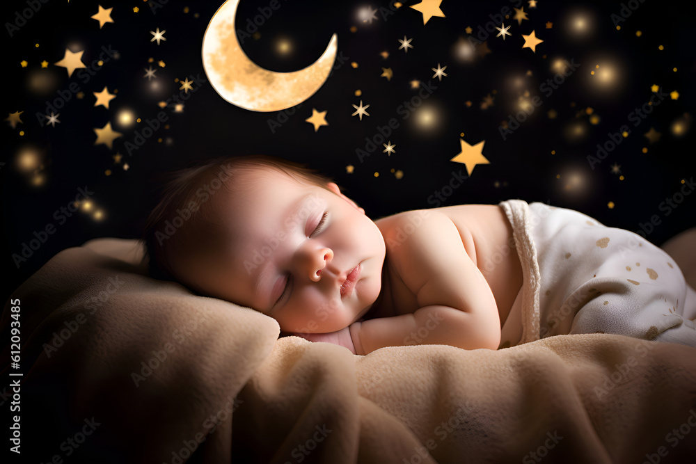 The baby is sleeping, cozy sleep under the stars and the moon ...