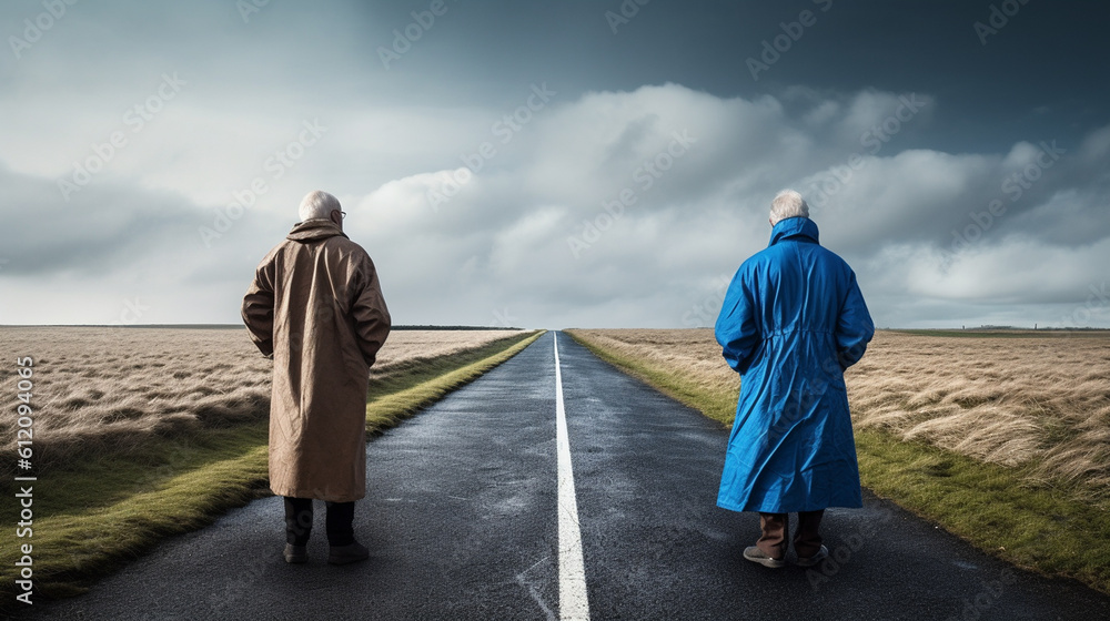 old elderly man grandpa on road deciding for the best change or way of ...