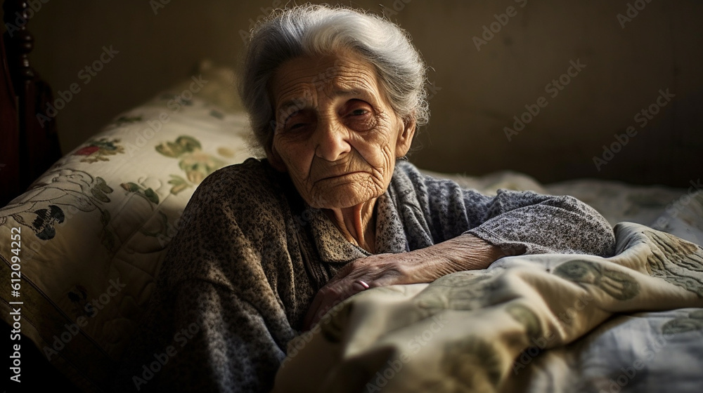 old woman, sad facial expression, fictional place, poverty or bedridden ...