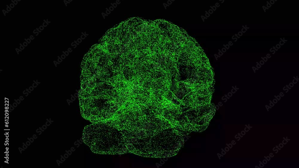3D brain rotates on black bg. Object dissolved flickering particles ...