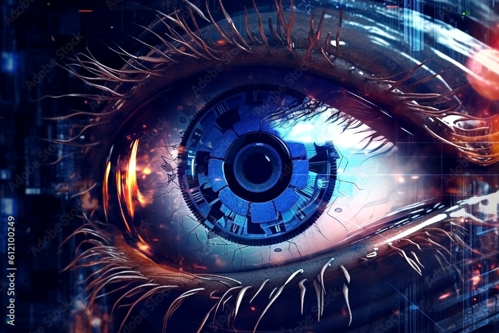 Dark blue digital high-tech eye. Abstract background. Mixed reality ...