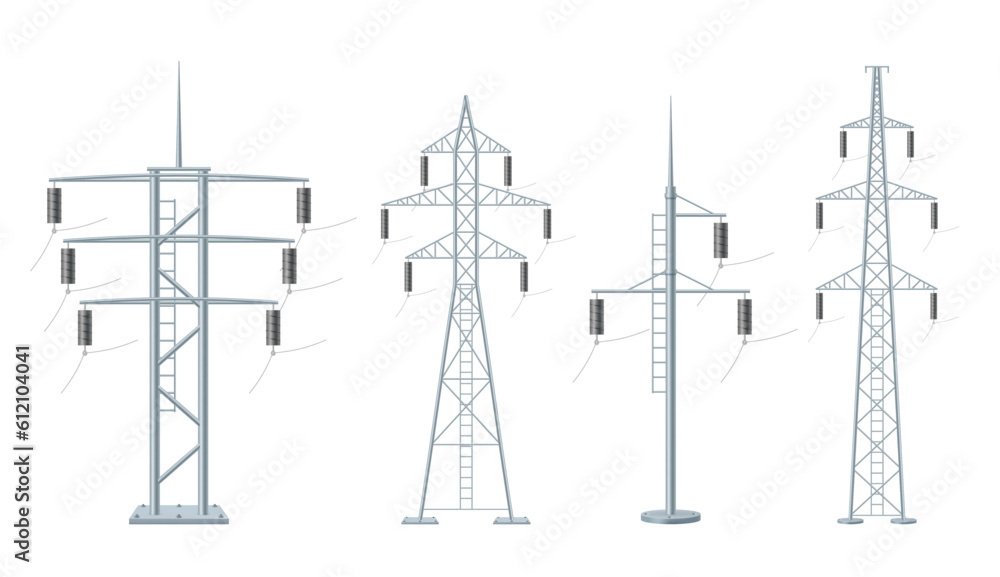 Electricity poles. Power high voltage constructions from metal decent ...