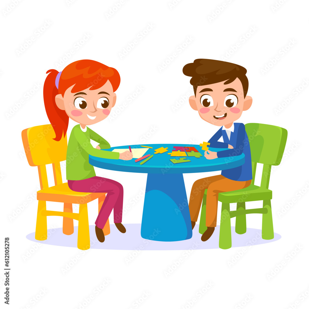 Little boy and girl sit on chairs around a table isolated on white ...