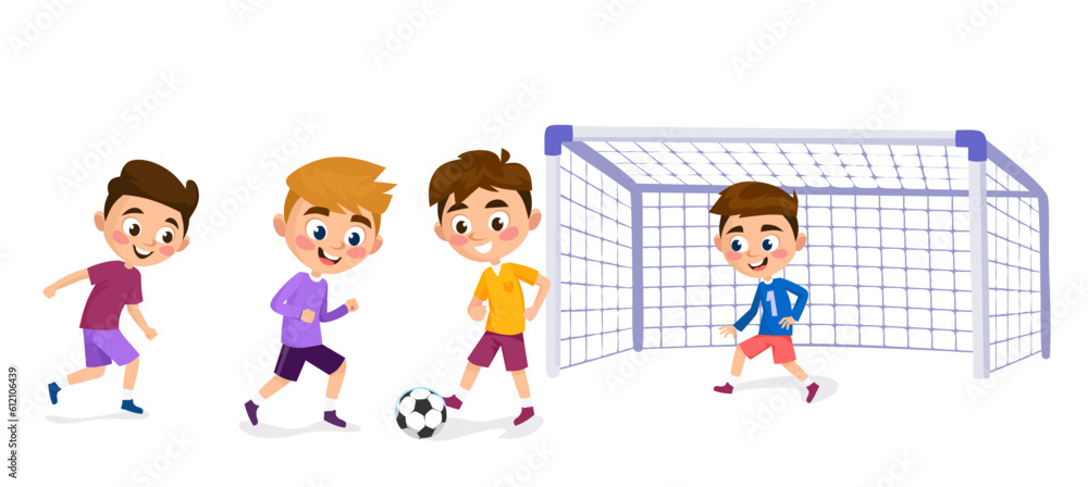 Young kids playing football, isolated on white background. A team of ...