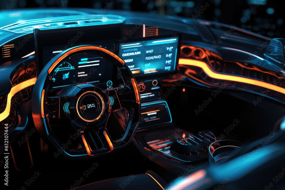 Futuristic interior of luxury car. Car cockpit with digital dashboard ...