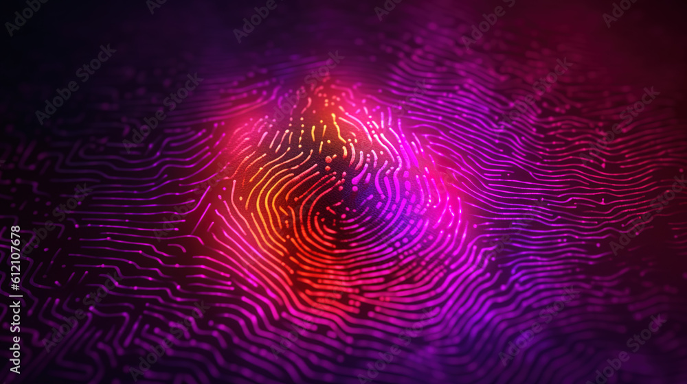 fingerprint as a beautiful neon hologram on golden magenta neon ...