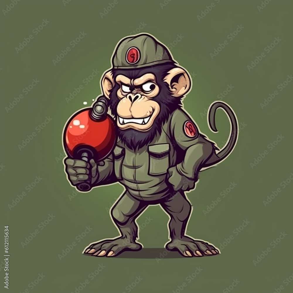 Angry aggressive monkey in military uniform with a grenade in his hand ...