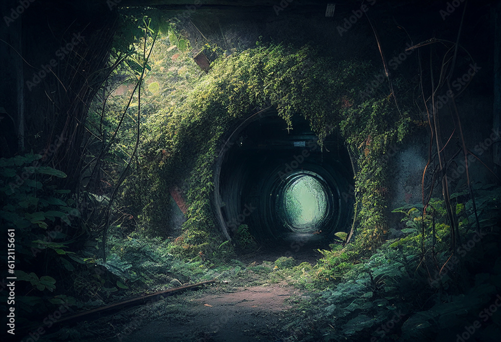 The entrance to the underground tunnel is overgrown with plants. AI ...