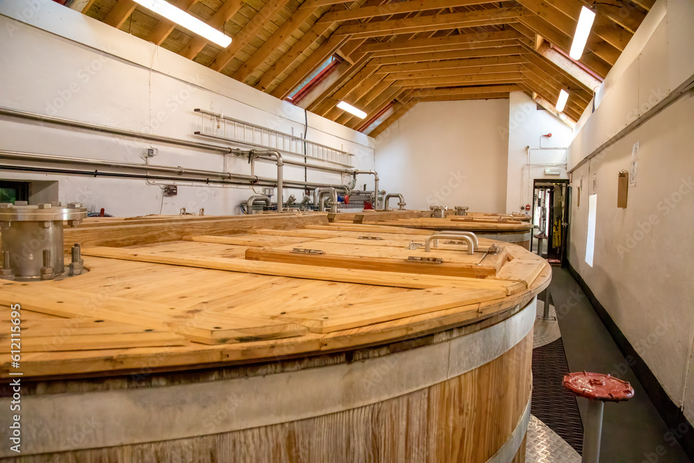 Wooden tanks which make up part of the distilling process of scottish ...