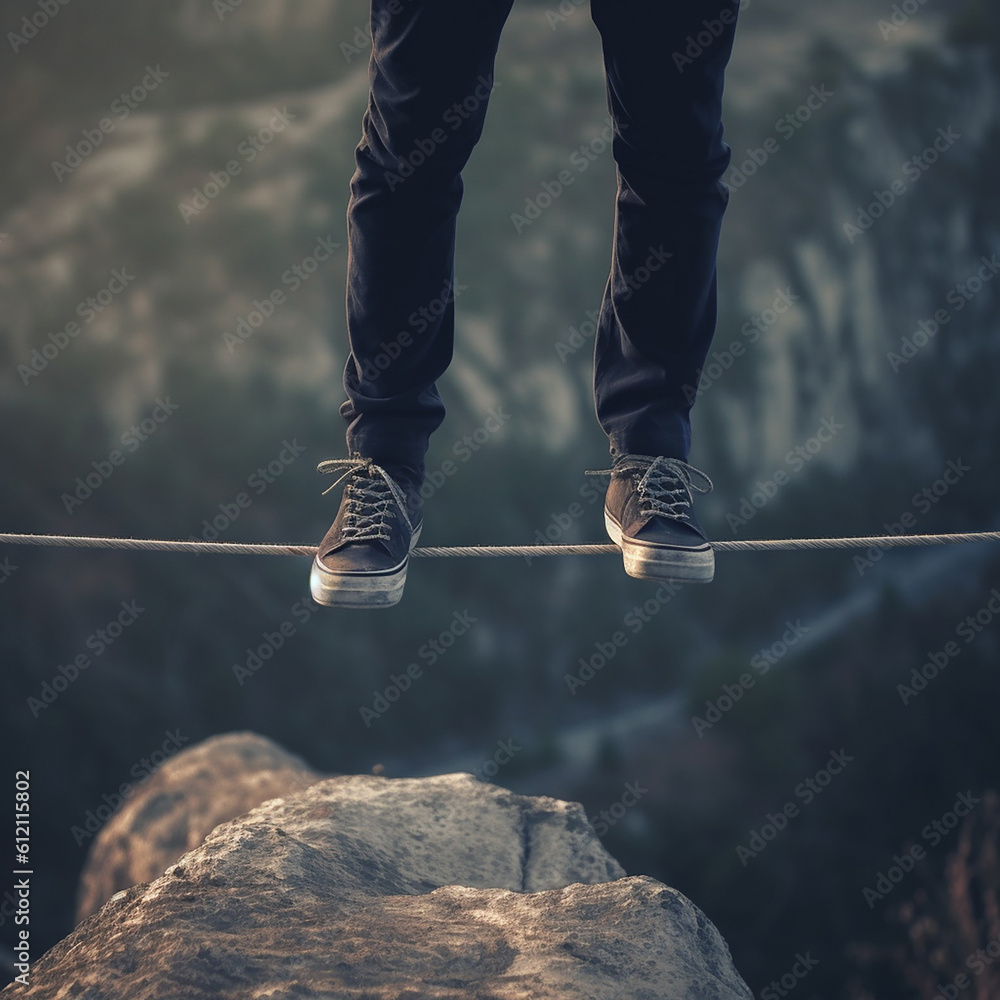 Legs of man walking on tightrope over an abyss close-up, tightrope ...