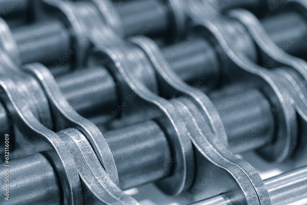 Gear chain drive shaft in conveyor belt is on production line. Timing ...