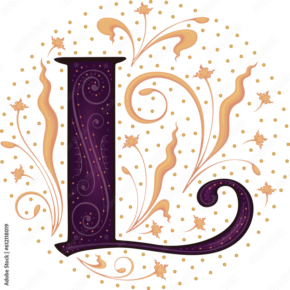 Initial letters L.Alphabet.Medieval floral border. Stock Illustration ...