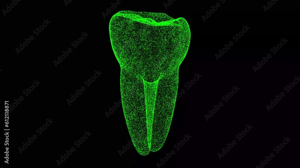 3D tooth rotates on black bg. Object dissolved flickering particles ...