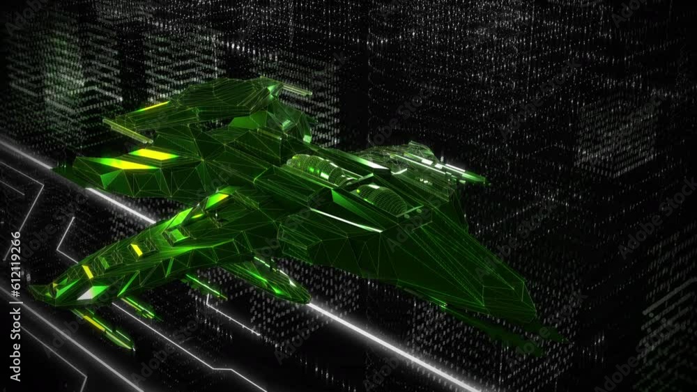 Autonomous Green Digital Starship Vehicle Floating In Server Data World ...