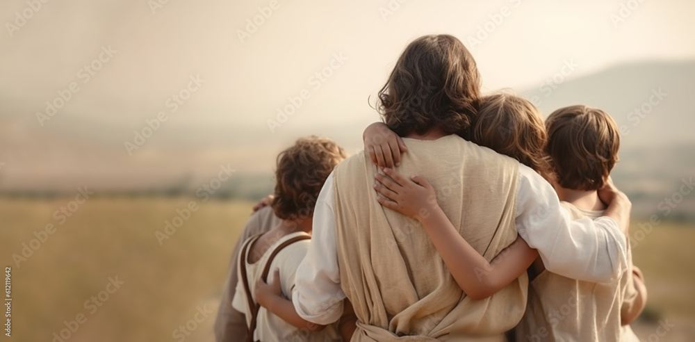 Children hugging and listening to Jesus. Back view. Generative AI ...