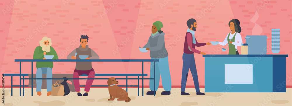Volunteer Cooking Feeding Hungry Homeless Beggars Vector Illustration