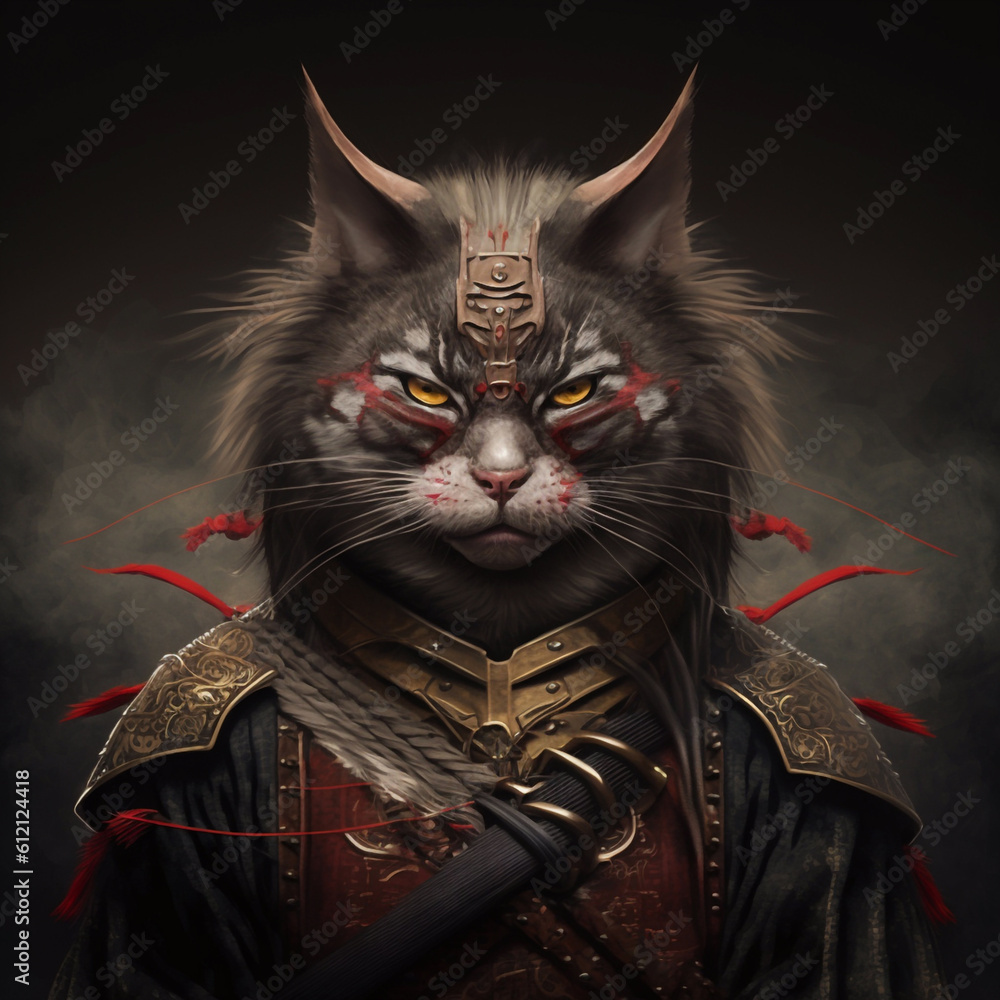3D artwork featuring a cat samurai in armor ready for battle with its ...