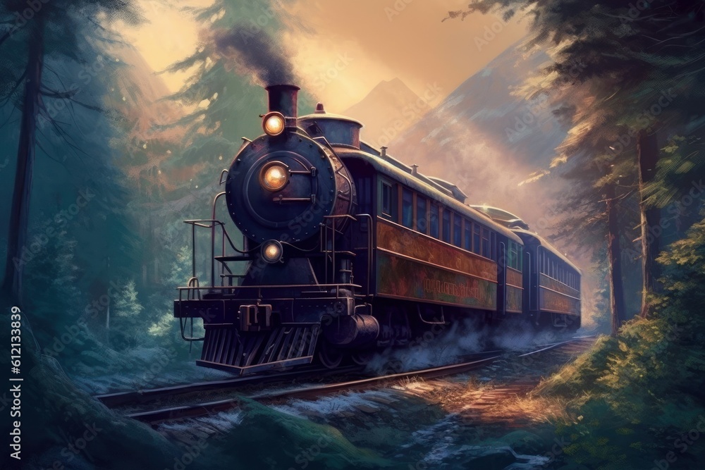 Train rides in a forest area, retro style. Vintage steam locomotive. AI ...