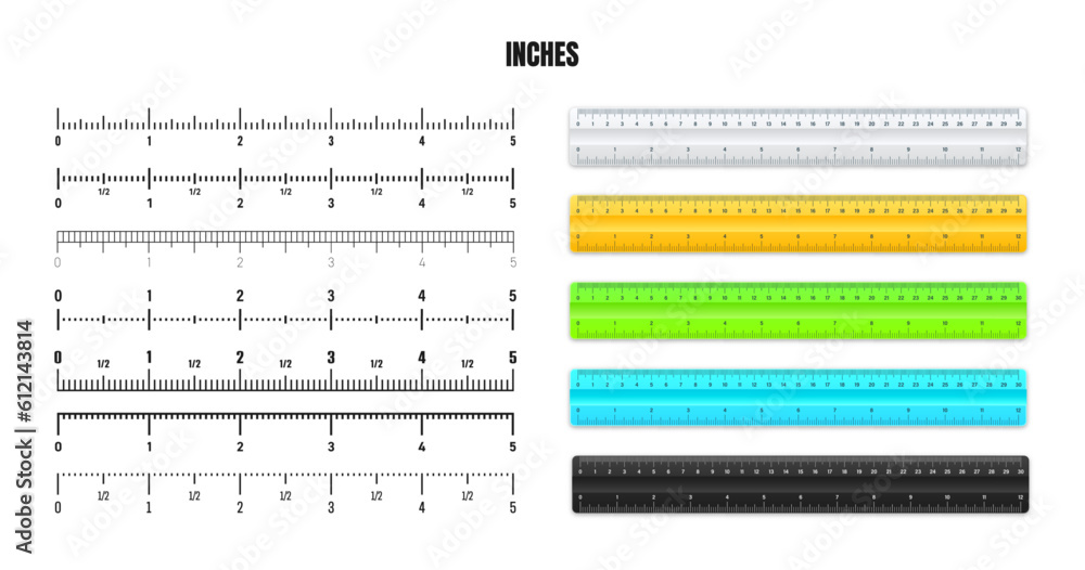 Realistic plastic rulers with black inch scale for measuring length or ...