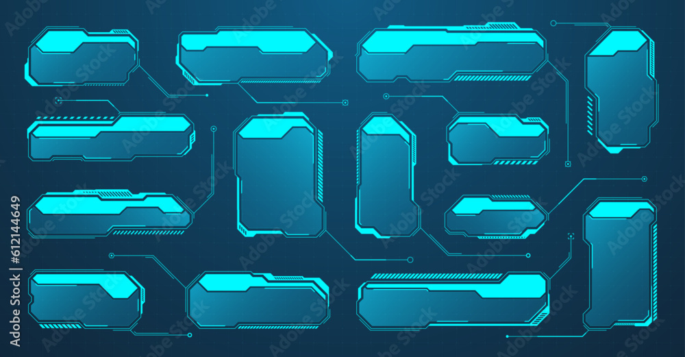 Blue futuristic HUD or UI elements. Sci-fi user interface text boxes ...