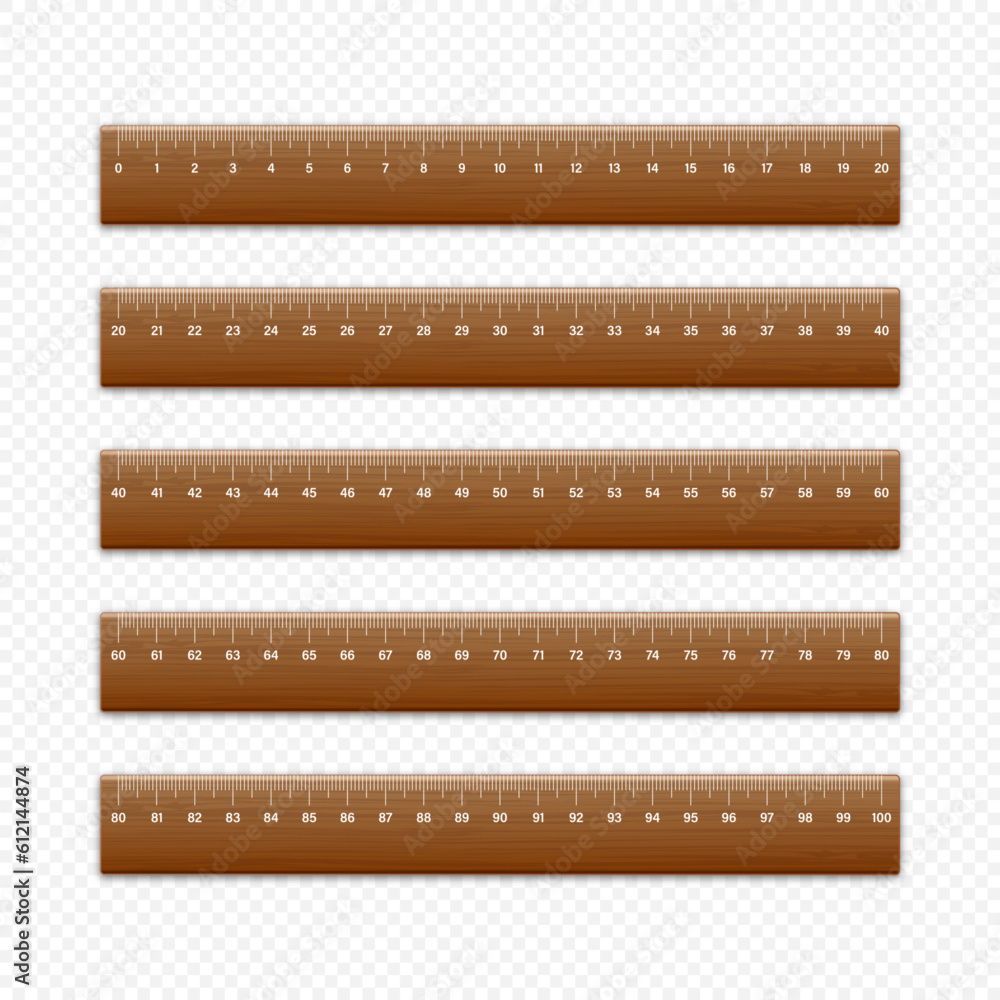 Realistic various wooden rulers with measurement scale and divisions ...