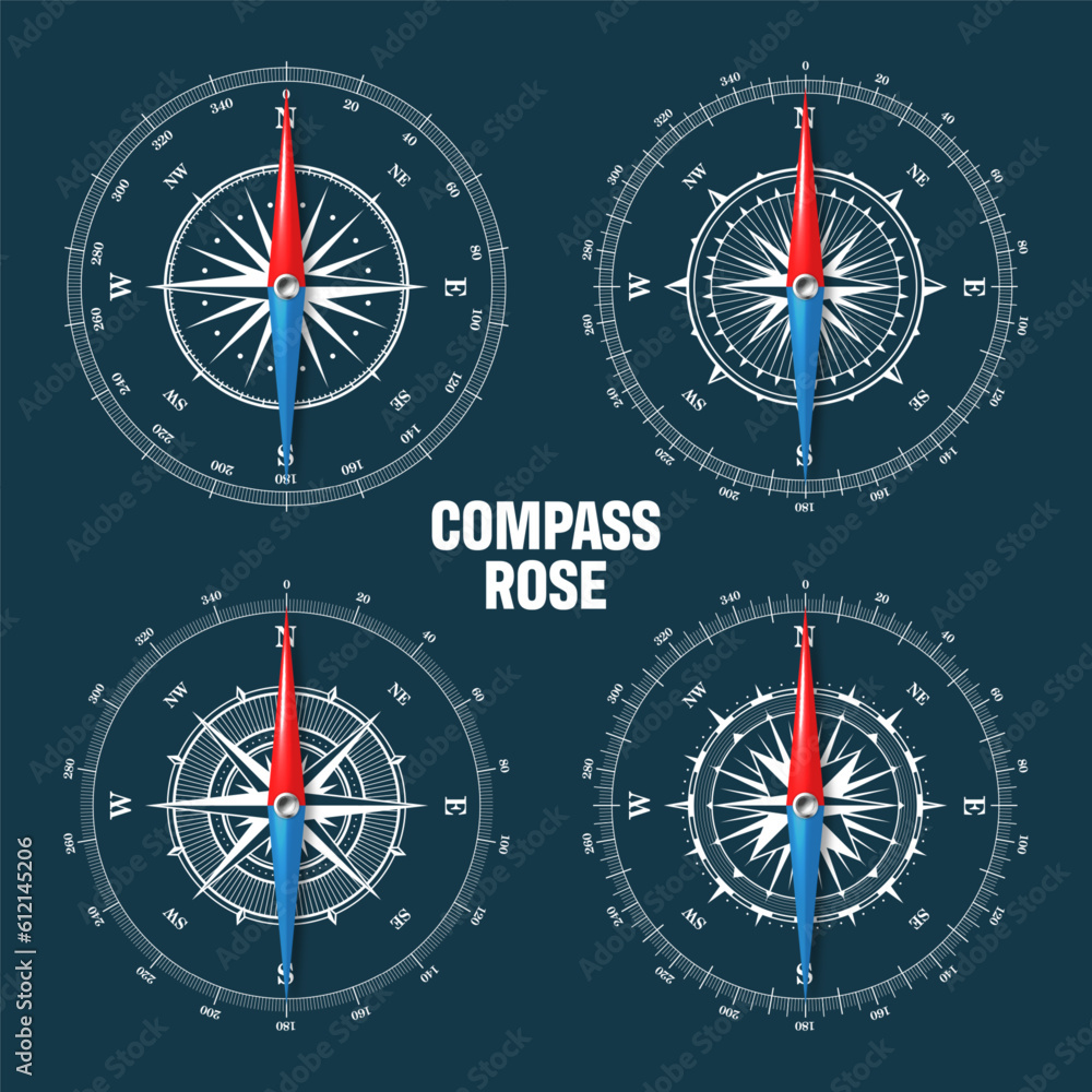 Marine compass, nautical wind rose with cardinal directions of North ...