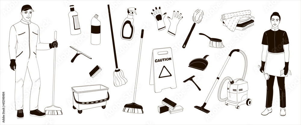 Cleaning service staff smiling characters on white background. House ...