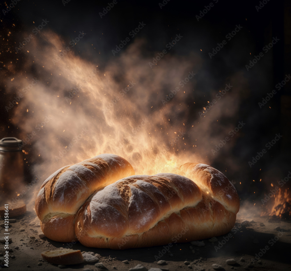 Bread in dark oven with fire and exploding flour at dark black ...