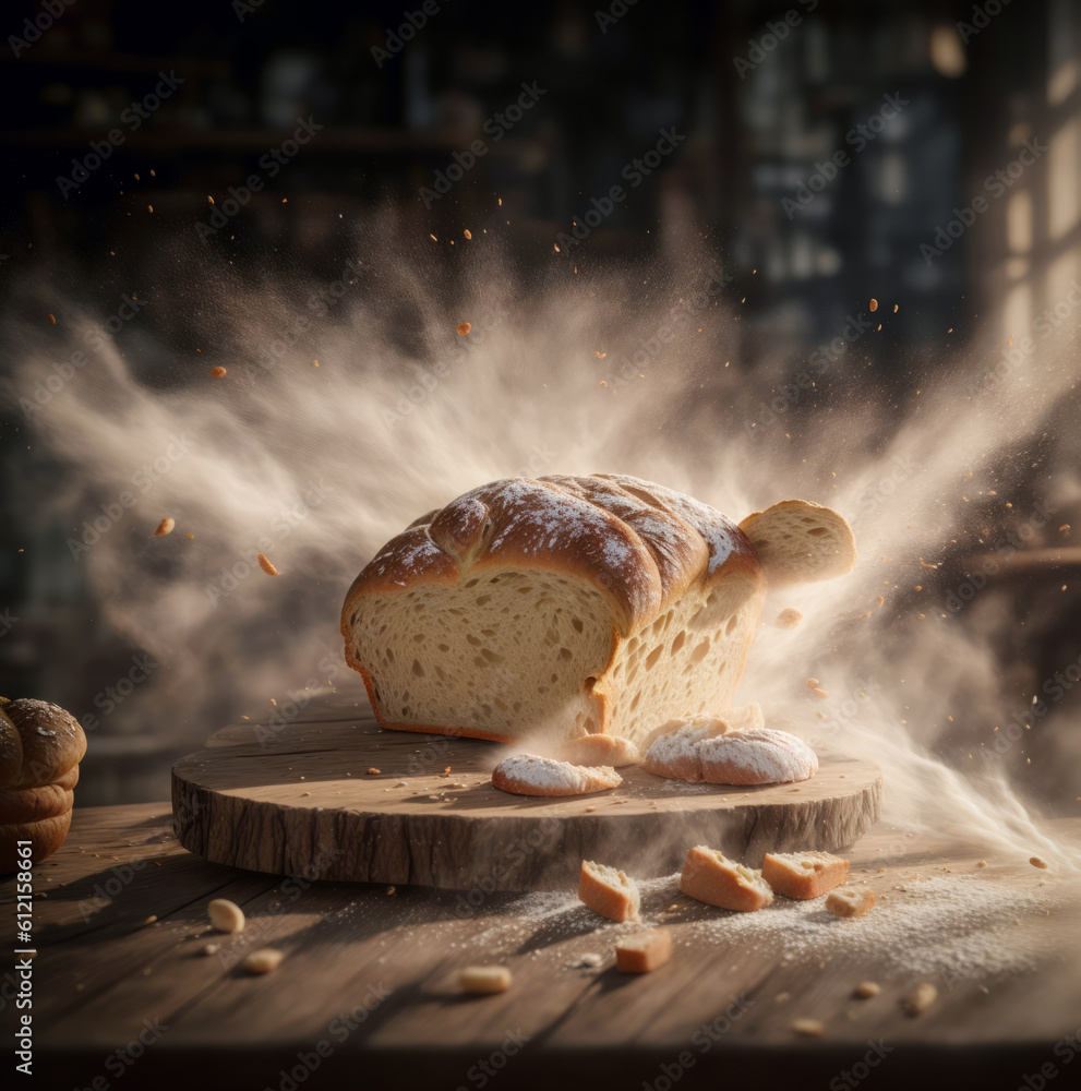 Bread in dark oven with fire and exploding flour at dark background and ...