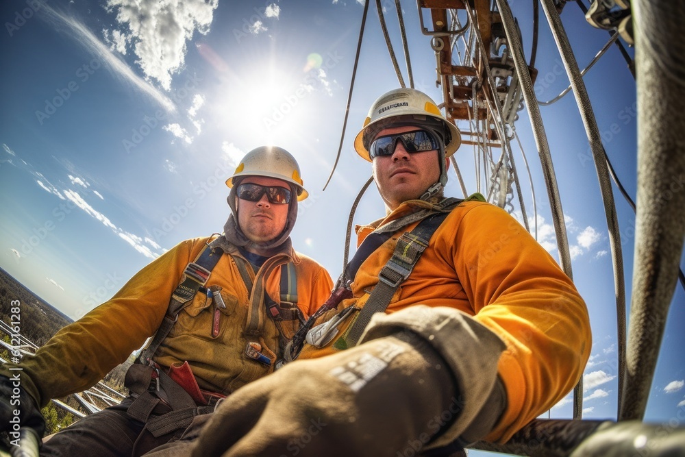 portrait photograph of power electrician Two people working at height ...
