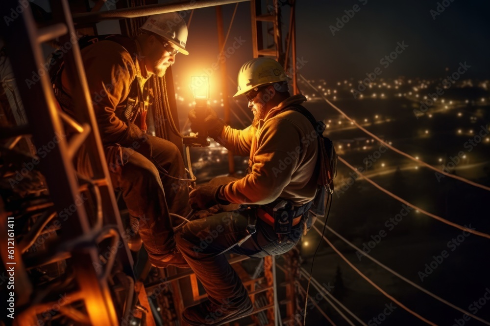 portrait photograph of power electrician Two people working at height ...
