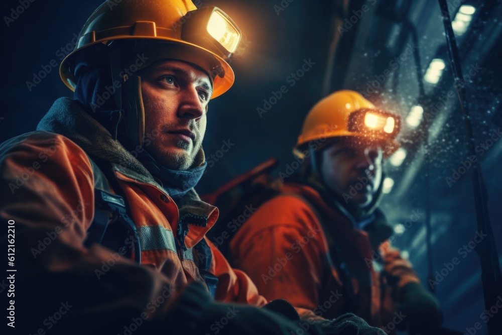 portrait photograph of power electrician Two people working at height ...