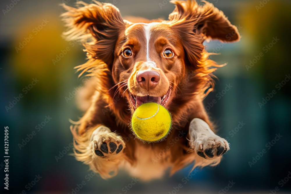 A dog catching a ball in mid-air with intense focus and determination ...