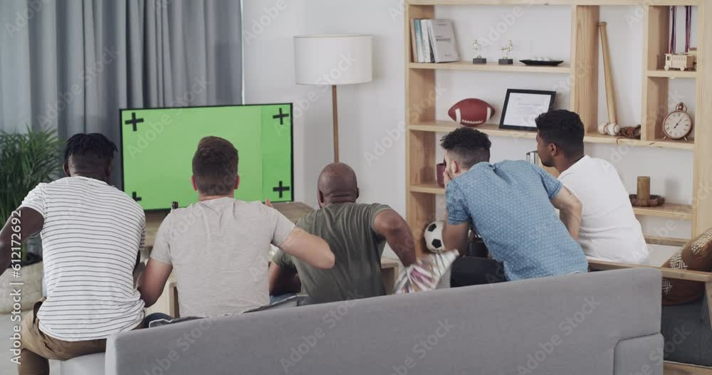Man, friends and watching tv on green screen in frustration or fail ...