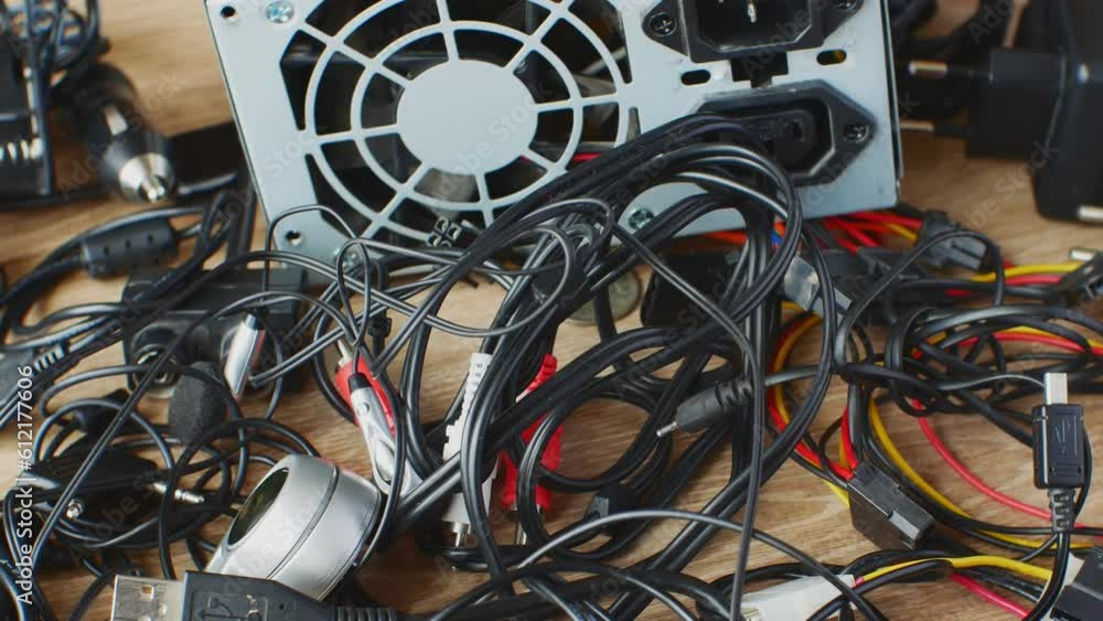 Bunch of old wires, connections, headphones and chargers for electronic ...