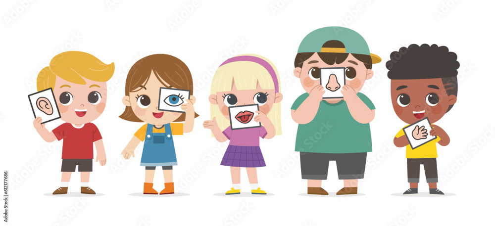 Five Senses Concept With Human Organs. Kids showing five senses set ...