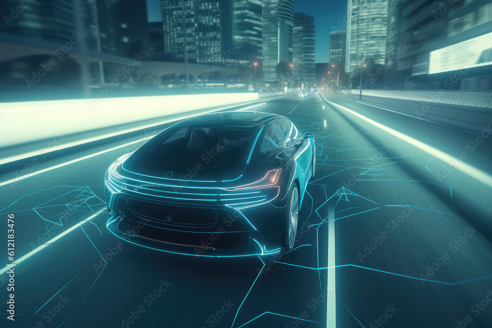 a self driving autonomous vehicle traveling along a city highway ...