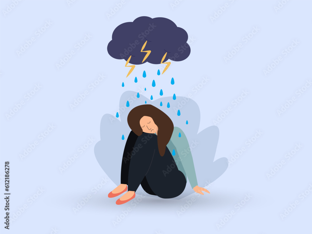 unhappy and sad young girl in depression sitting and hugging knees with ...