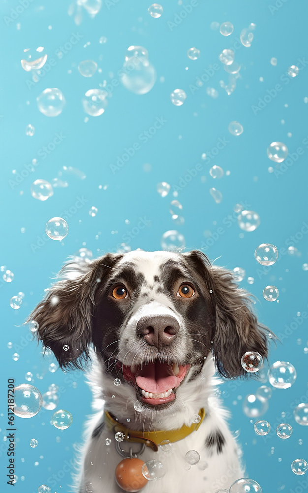 A cute little dog taking a bubble bath with his paws up on bubble the ...