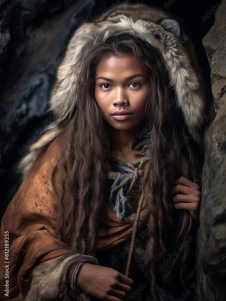 Ice Age Woman in Cavern, Cavewoman, Prehistoric Person Photorealistic ...
