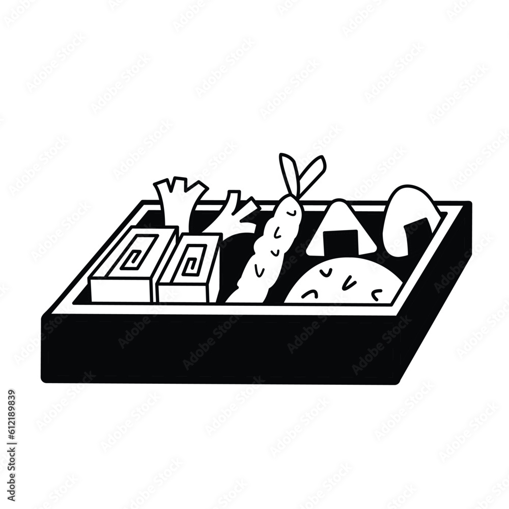 Black and white simple bento lunchbox vector icon silhouette isolated ...