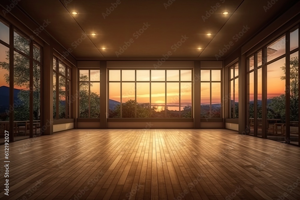 windowed interior of a house. empty space evening scene design for an ...