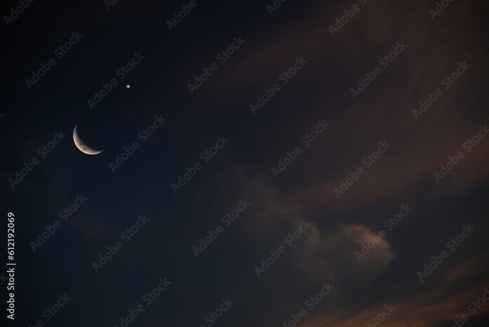 Ramadan Crescent Moon Night Sky with Starry Background,Half Moon Cloudy ...