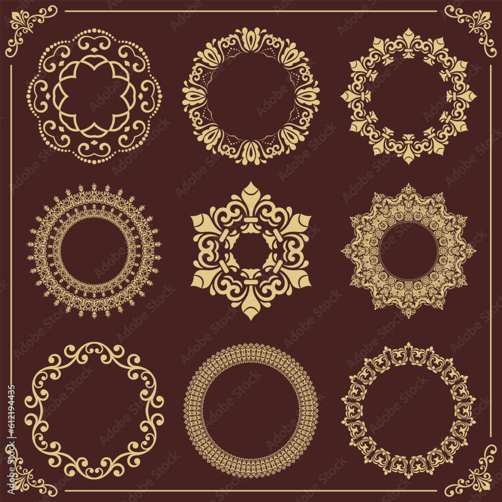 Vintage set of vector round elements. Brown and golden elements for ...
