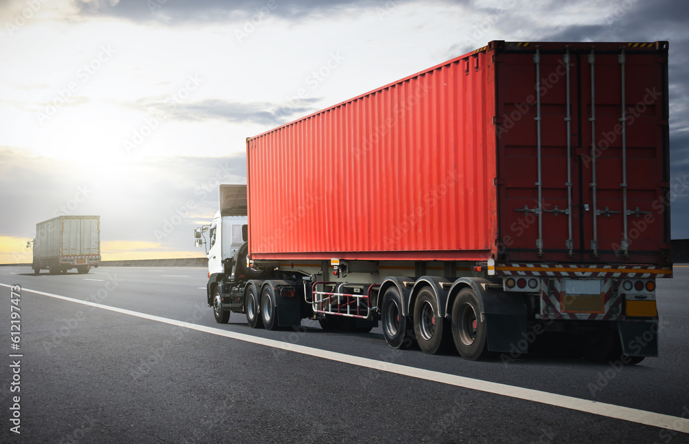 Semi Trailer Truck Driving on Highway Road. Commercial Truck, Express ...