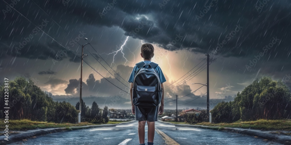 Student with Backpack Walk to School Thunder Storm Background, Back to ...