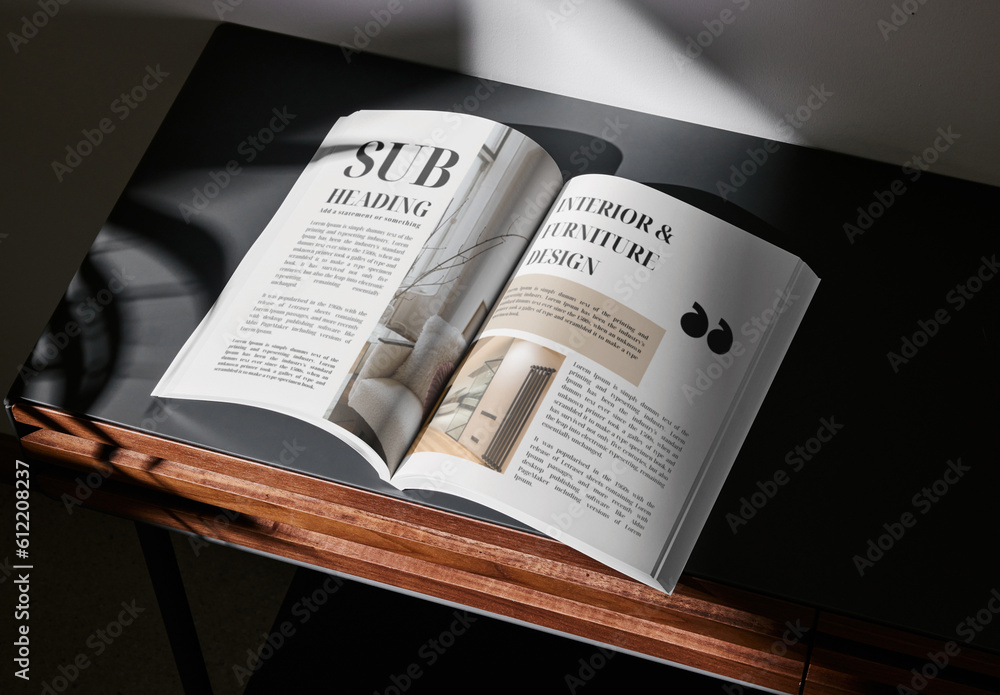 Mockup of open A4 magazine with customizable content on small table ...