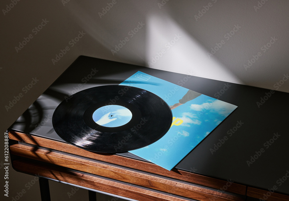 Mockup of customizable LP vinyl record album sleeve and label on small ...